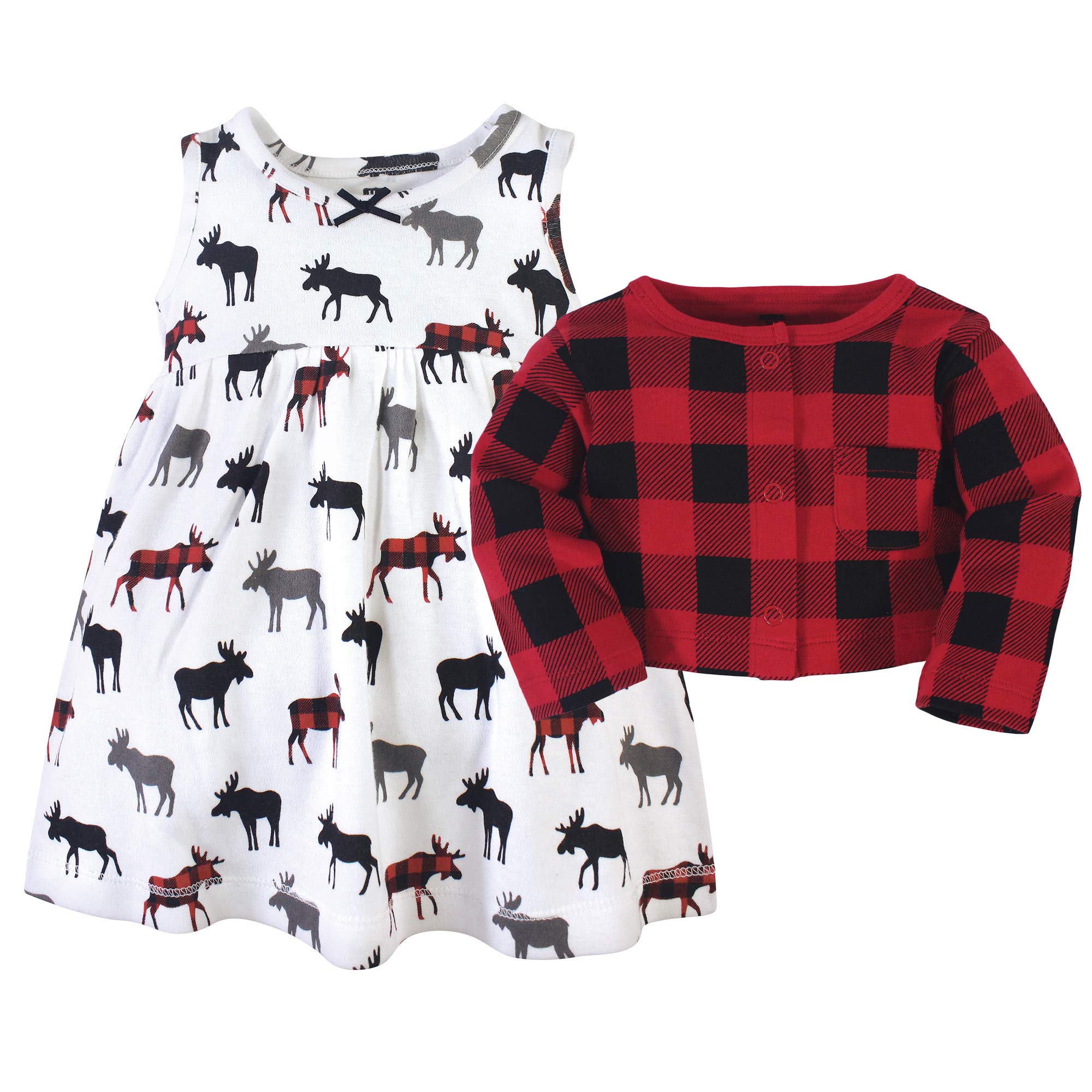 Hudson Baby Girls' Cotton Dress and Cardigan Set, Buffalo Plaid Moose, 6-9 Months