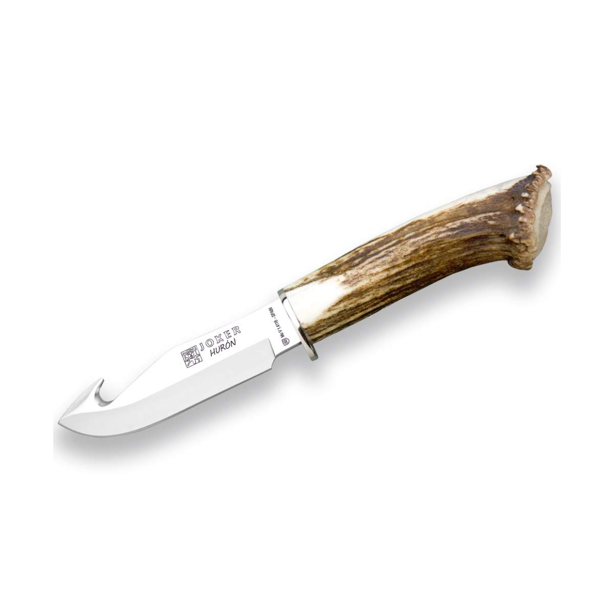 Joker Skinning Knife CN74 Hurón, Deer Horn Handle, Hunting Knife with 4.33 inches MOVA Steel Blade, Brown Leather Sheath, Tool for Fishing, Hunting, Camping and Hiking