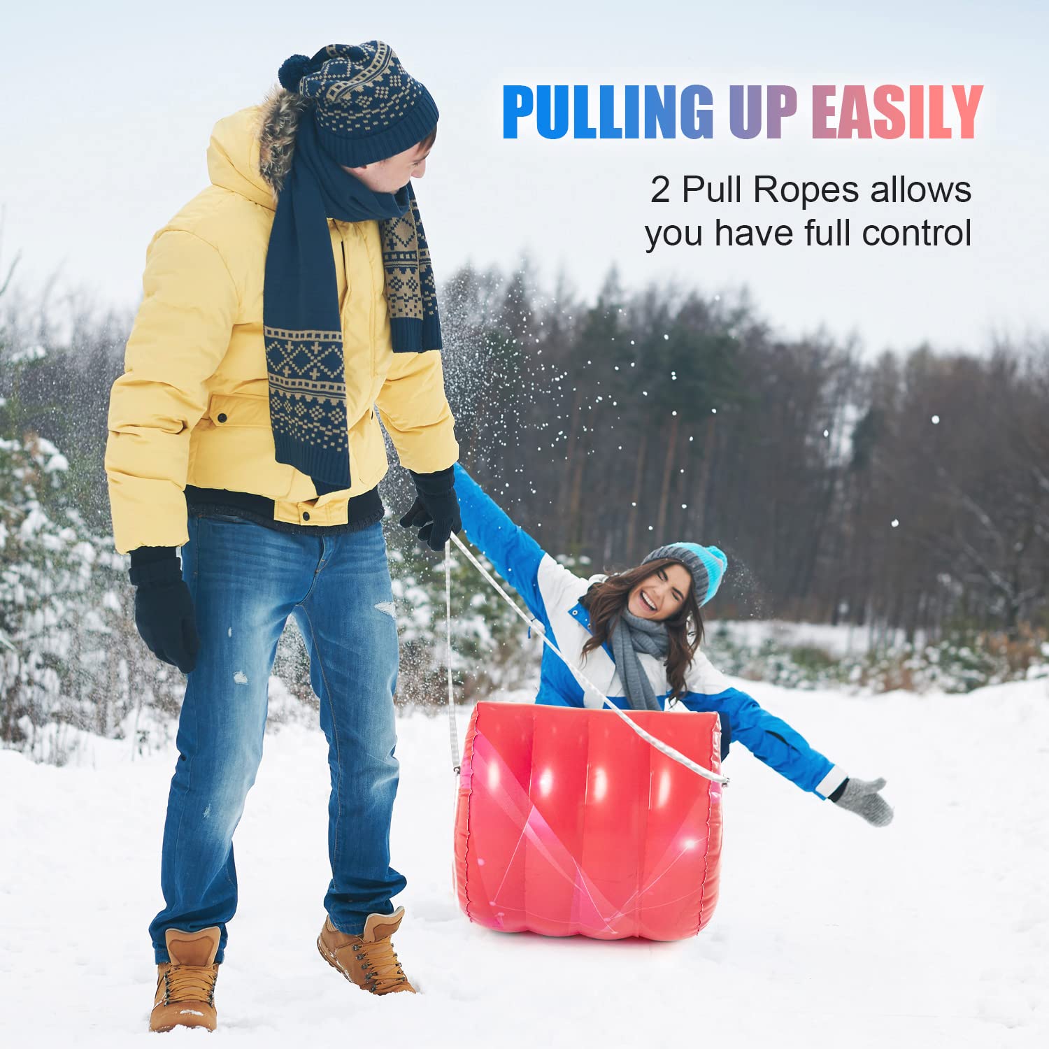 LIFECHOIC 2 Pack Snow Sled, 60" Giant Inflatable Toboggans, Snow Tubes for Kids and Adults, Heavy Duty Winter Sledding, Snow Riders with Handles and 2 Pull Ropes