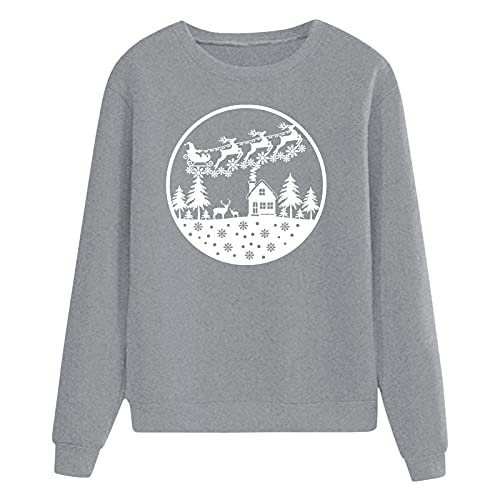 Women Hoodies Pullover Cute Elk Pattern Blouse Long Sleeve Festival Shirts Warm Breathable Tunic Tops Fall Sweatshirt Grey