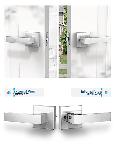 Zowill Door Handle Heavy Duty, Modern Square Door Lever, Passage Door Knobs, Reversible Interior Handles for Left Right Handled Doors for Bedroom, Bathroom and Living Room, Satin Nickel(1 Pack)