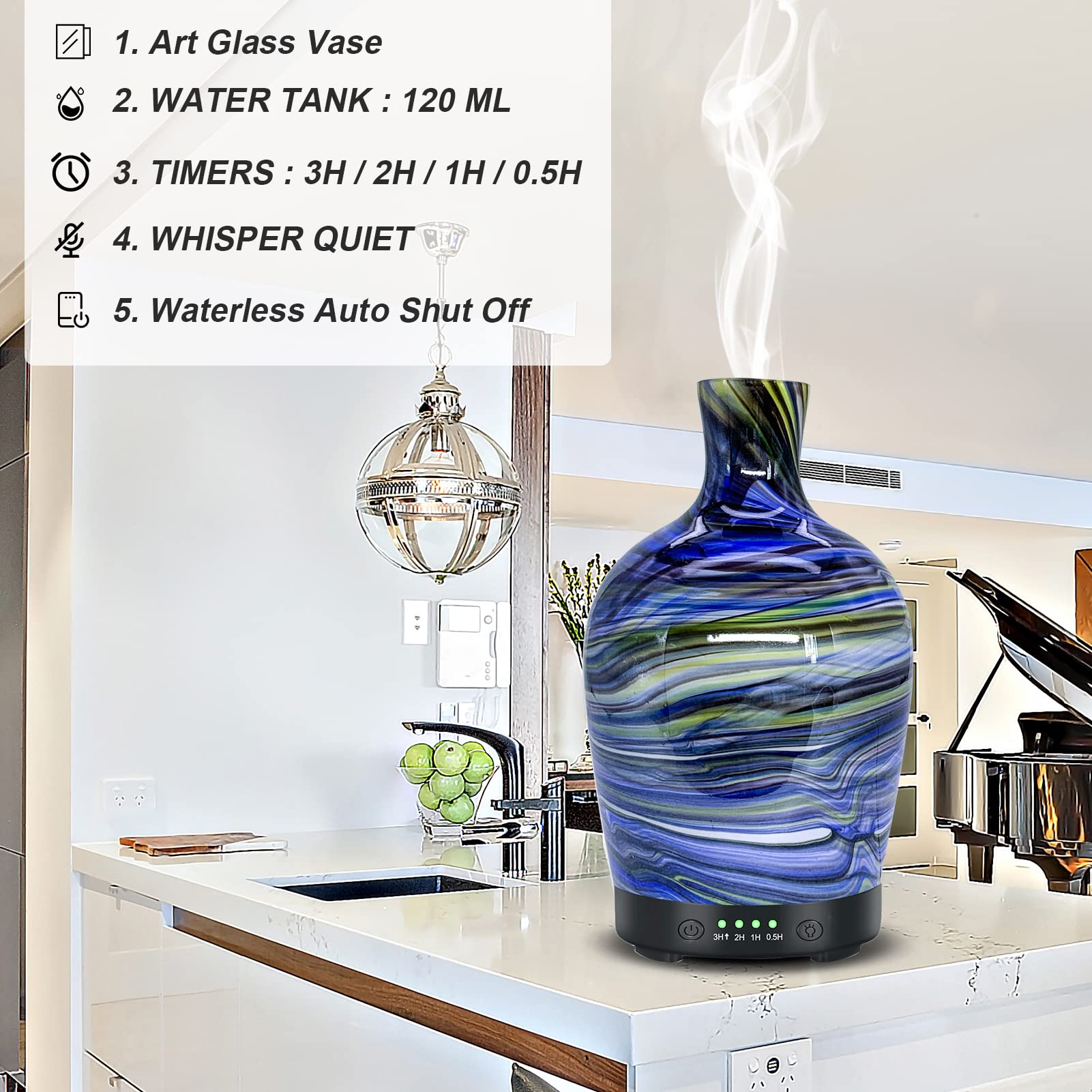 MAXWINER Essential Oil Diffuser Art Glass Aromatherapy Ultrasonic Humidifier with 7 Colors Lights Changing, Waterless Auto Shut Off Protection, 4 Time Setting for Home Office Room 120ml (Color Stripe)
