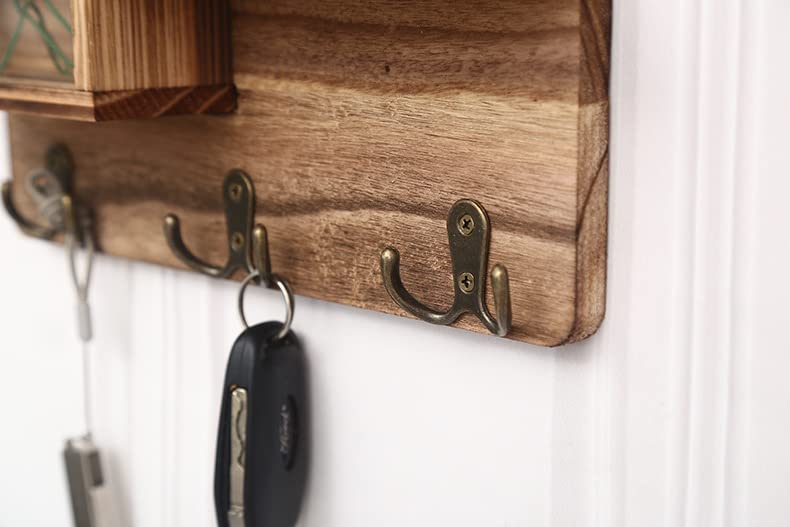 TocTen Key Hooks, Solid Wooden Key Holder for Wall Decorative, Wall Mounted Keys and Mail Organizer with 3 Metal Key Rack, Mail Organizer for Entryway, Front Door, Hallway (Light Brown)