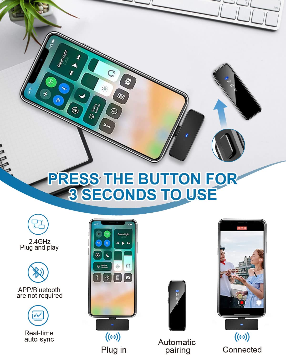 LungSank Professional Wireless Lavalier Microphone for iPhone, Mini Microphone Auto Sync, 2.4GHz Plug-Play Lapel Mic for Recording TikTok YouTube Live Stream