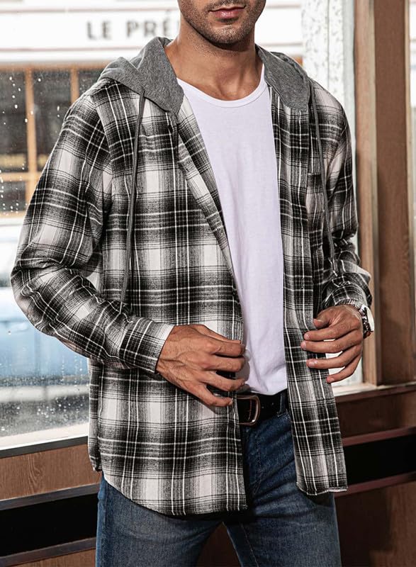 JMIERR Flannel Hoodies for Men Casual Button Down Plaid Long Sleeve Lightweight Winter Shirts Jackets,US 46 (XL),1Black