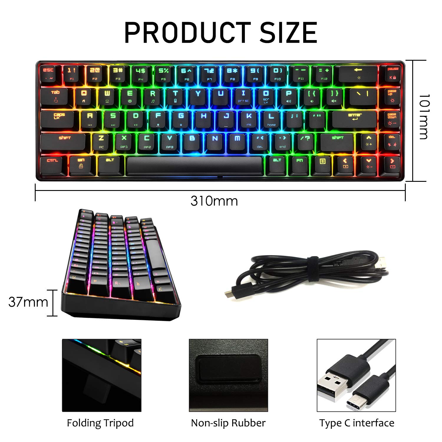 LexonElec Wired 60% Mechanical Gaming Keyboard with Chroma RGB Backlit Type C Ultra-Compact 68 Keys Full Anti-ghosting Mini Keyboard Compatible with PS4,Xbox,PC,Laptop,MAC(Blue/Blue Switch)