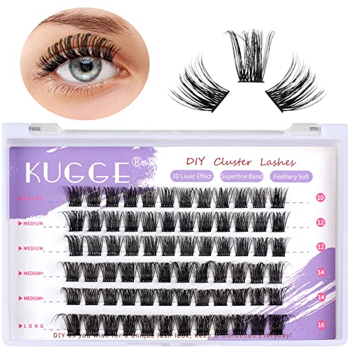 Kugge Cluster Lashes DIY Eyelash Extensions, 240Pcs D Curl Cluster Eyelashes, 8-16mm Mixed Length Individual Lashes Cluster, 3D Effect Natural Wispy Lash Extensions at Home (20D+The Devil)