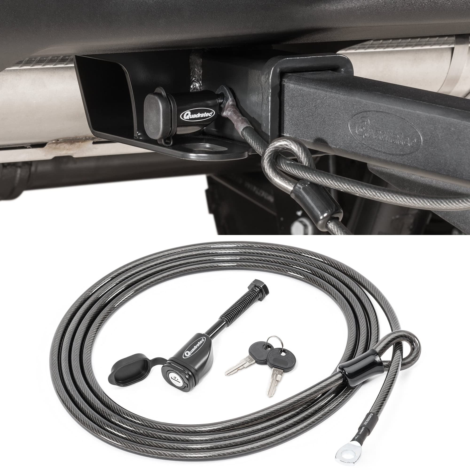 Quadratec 12' Locking Bike Cable with Threaded Hitch Pin Lock - Lock Set for Hitch Mount Bike Racks - Secures Bicycle Rack to Vehicle - Prevents Theft - Includes 2 Keys - Lock Your Bikes to Vehicle