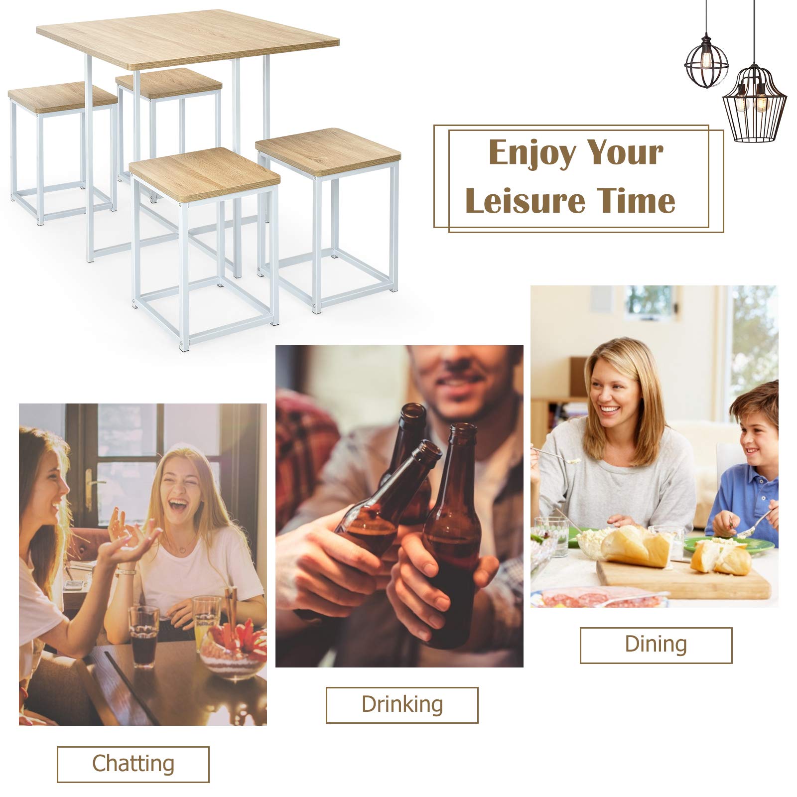 KOTEK Dining Table Set for 4, Kitchen & Dining Room Table Sets with 4 Square Stools, Metal Frame, 5 Piece Compact Kitchen Table and Chairs for Small Space (Walnut & Black)