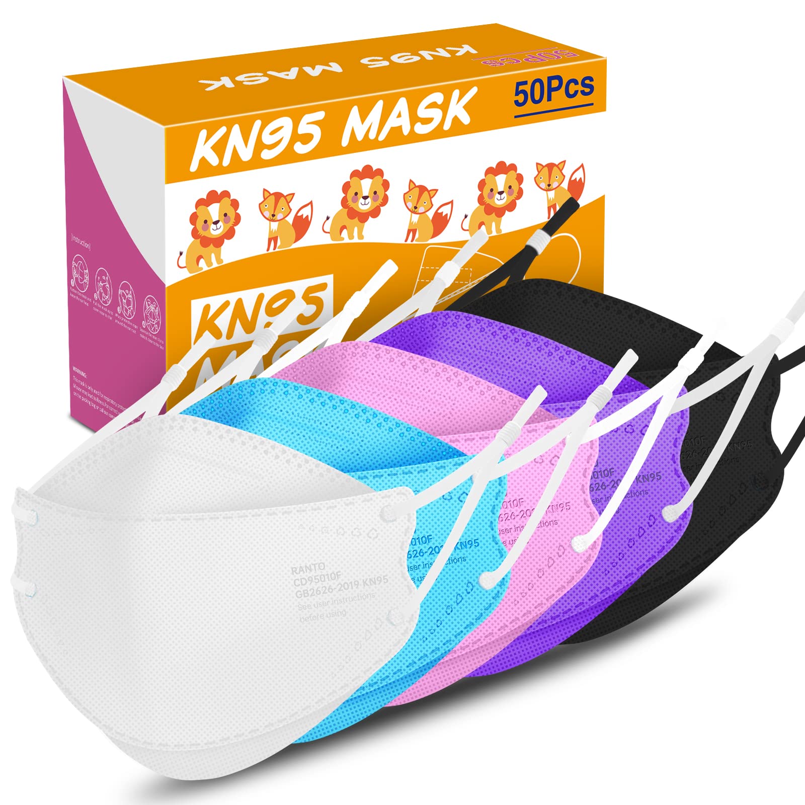 RANTO Kids KN95 Masks for Children 50 Pack, KN95 Mask 4-Ply with Ear Loop Adjuster, Against PM2.5 Dust for Girls Boys