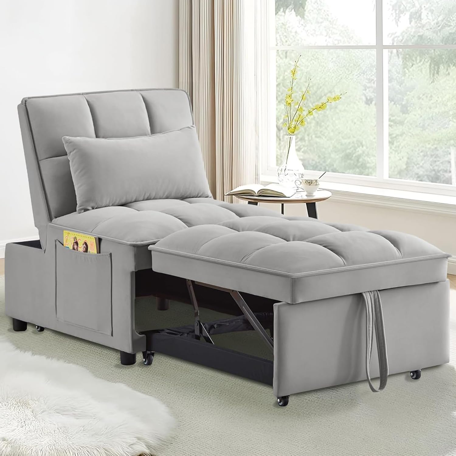 SPOWAY 3 in 1 Sleeper Sofa Couch Bed, Velvet Convertible Single Sleeper Sofa with 3 Level Adjustable Backrest, Storage Pockets, Toss Pillows, Pull Out Single Sleeper for Living Room, Gray