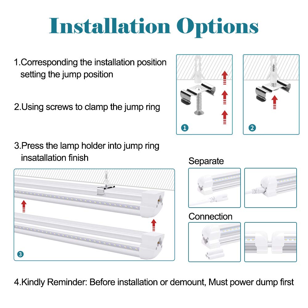 JOMITOP 8 Ft Integrated LED Tube Light 120W T8 V Shaped 96" Four Row 14400 Lumens(300W Fluorescent Equivalent) Clear Cover Super Bright White 6500K Pack of 6