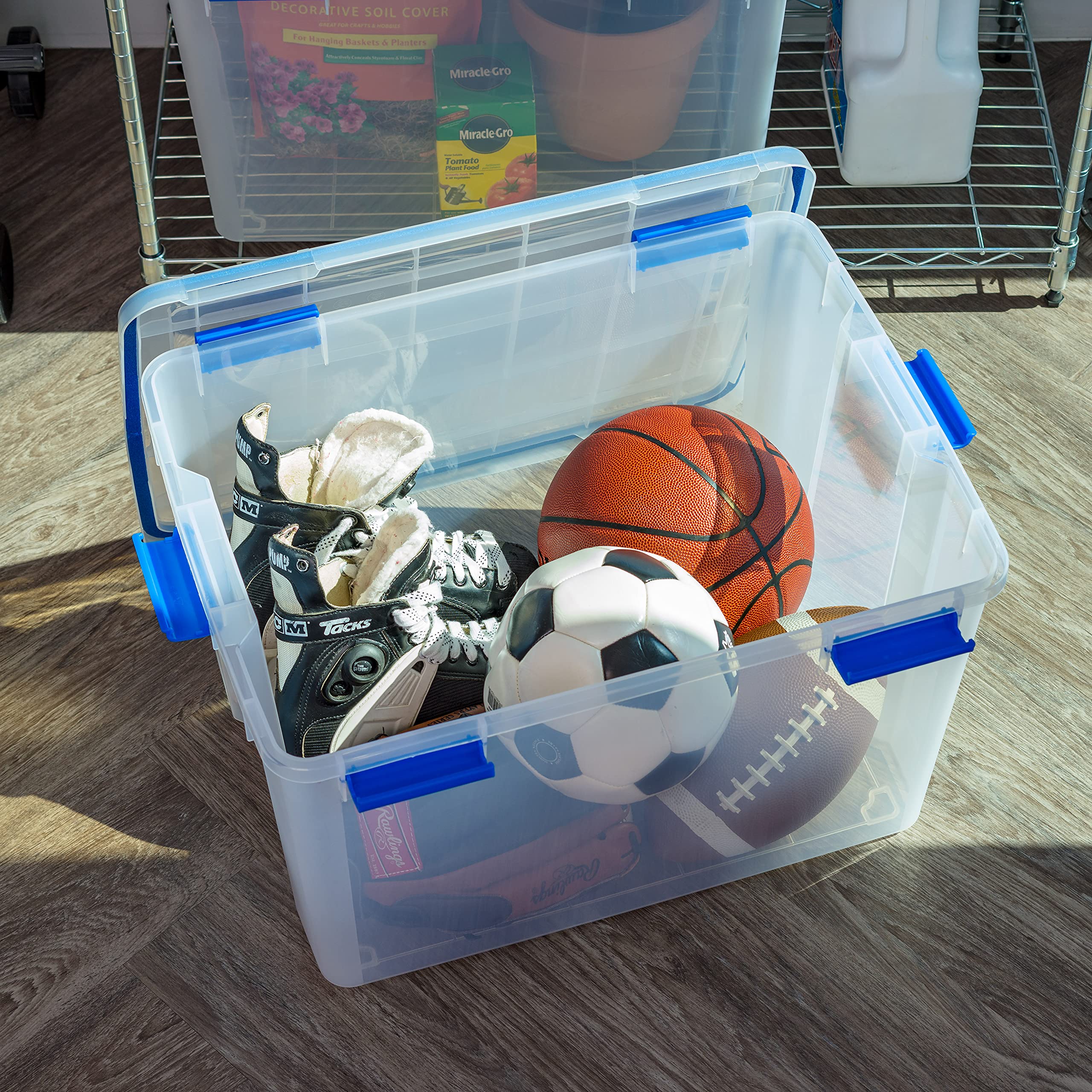 IRIS USA 74 Qt Storage Box with Gasket Seal Lid, 3 Pack - BPA-Free, Made in USA - Heavy Duty Moving Containers with Tight Latch, Weather Proof Tote Bin, WEATHERPRO - Clear/Blue