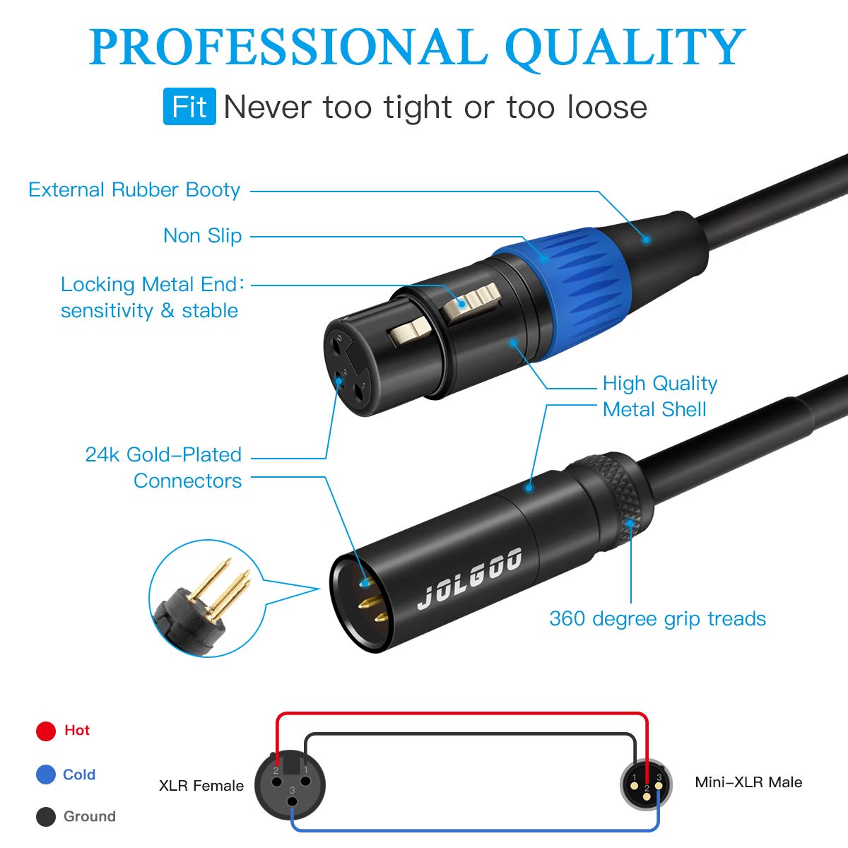 JOLGOO Mini XLR Male to XLR Female Adapter Cable, 3-pin Mini XLR Male to XLR Female Adapter Cable, for BMPCC 4K Camera Video Assist 4K Sharp 8K, 1 Feet
