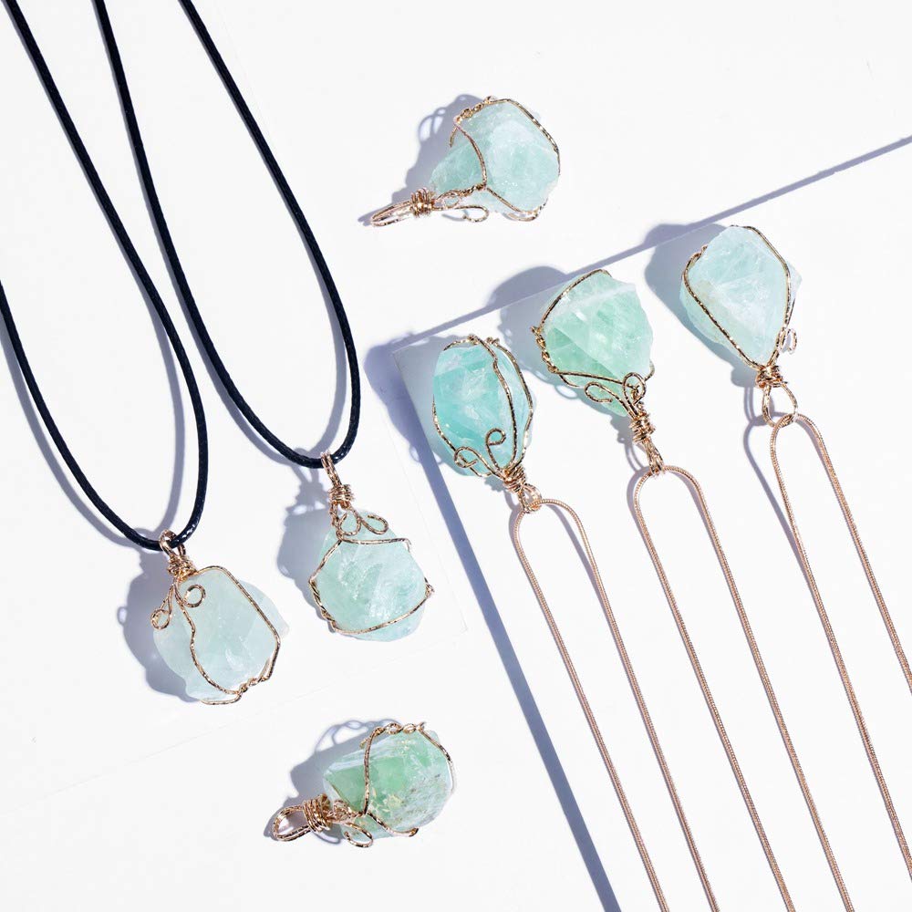 JUNHAN 3PCS Raw Irregular Crystal Pendant Necklace for Women Natural Tumbled Rock Quartz Wrapped Gold Wire Chakra Gemstone Jewelry with 2 Different Chains