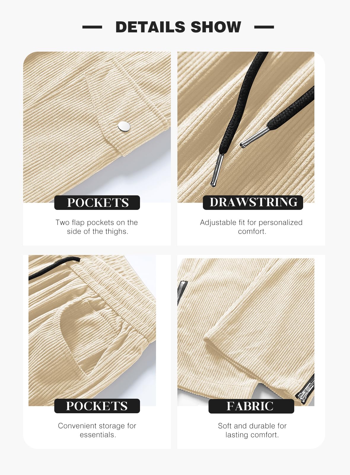 JMIERR Mens Casual Corduroy Pants Elastic Waist Drawstring Joggers Bell Bottom Pants with Flap Pockets Slim Fit, US 32(S), E3 Khaki