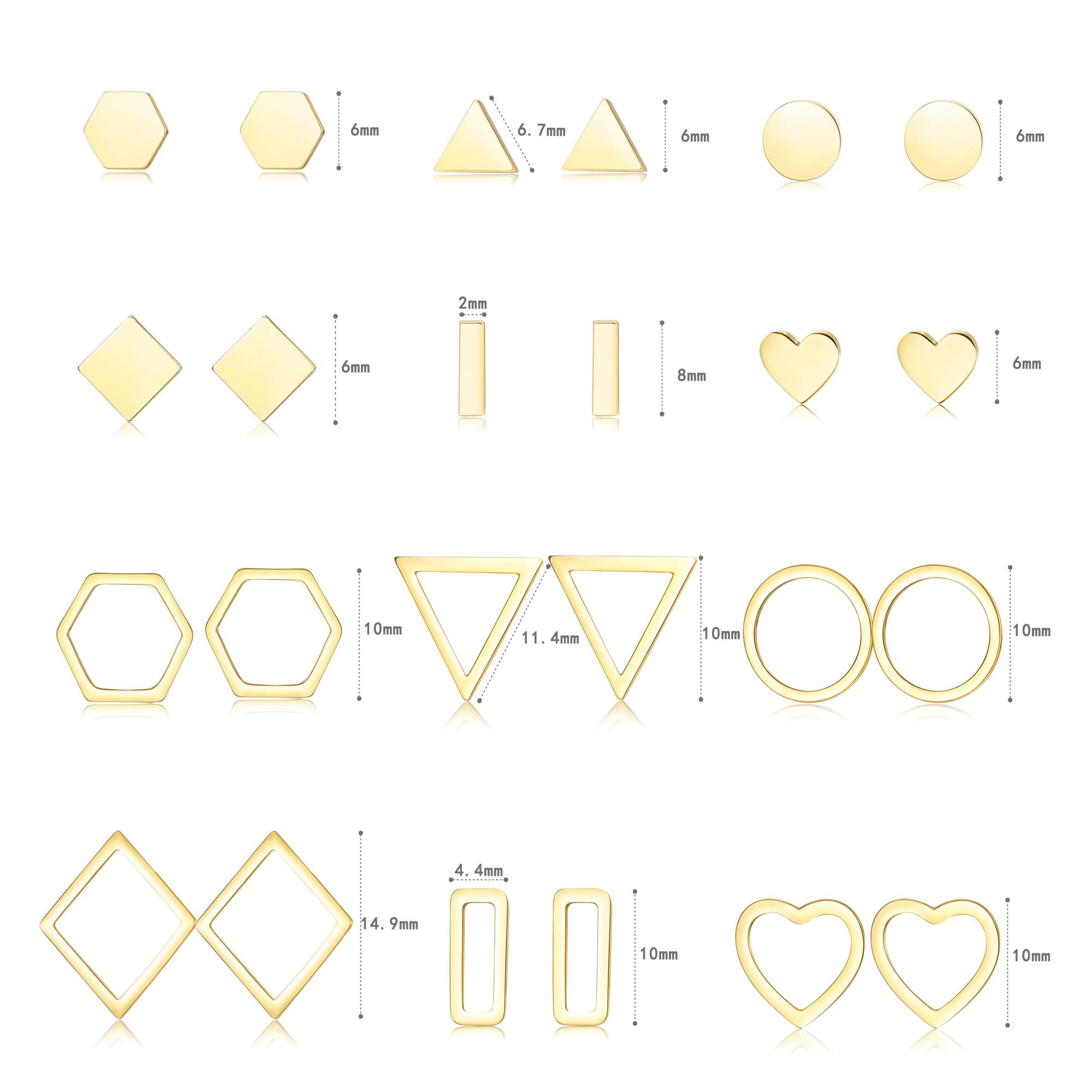 JOERICA Gold Tone Geometric Minimalist Stud Earrings for Women Simple Rhombus Hexagon Triangle Bar Heart Circle Earrings Set