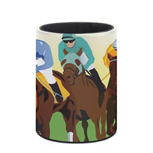 Horse Racing Cartoons Pen Holder PU Leather Pencil Cup Cute Desk Organizer Makeup Brush Box for Home Office