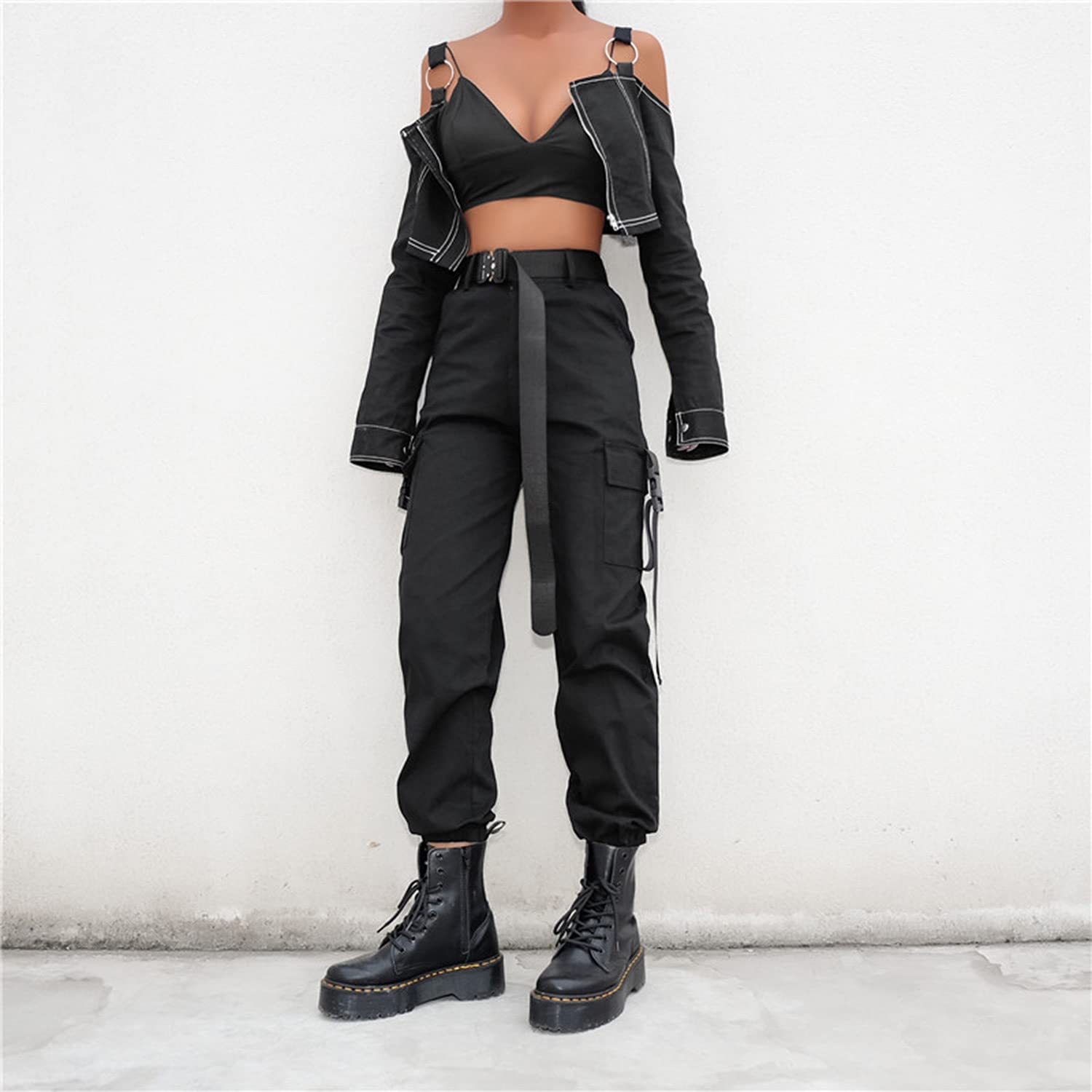 JEAAMKSSER Womens High Waisted Black Cargo Pants with Pockets Baggy Solid Y2k Streetwear Pants # Black M