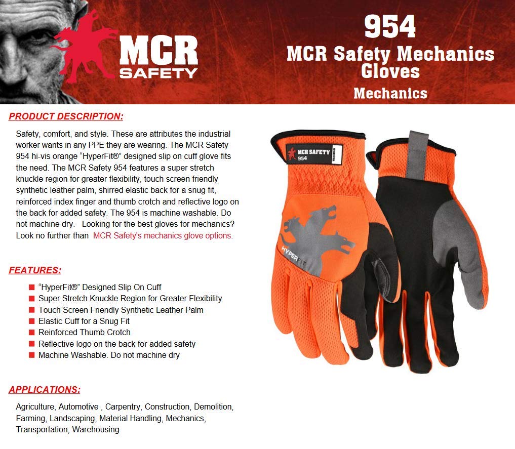 MCR Safety 954S HyperFit Mechanics Work Gloves, Synthetic Leather Palm Reflective Logo on Super