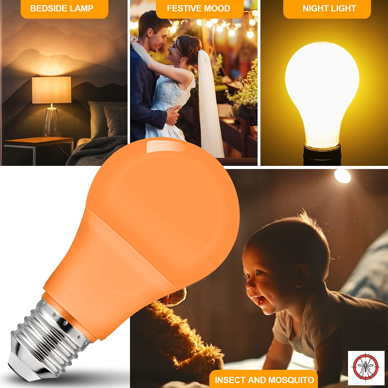 KQHBEN Orange Light Bulbs, 9Watts (60w Equivalent), E26 Base, for Halloween Christmas Party Bar Decor, 2-Pack