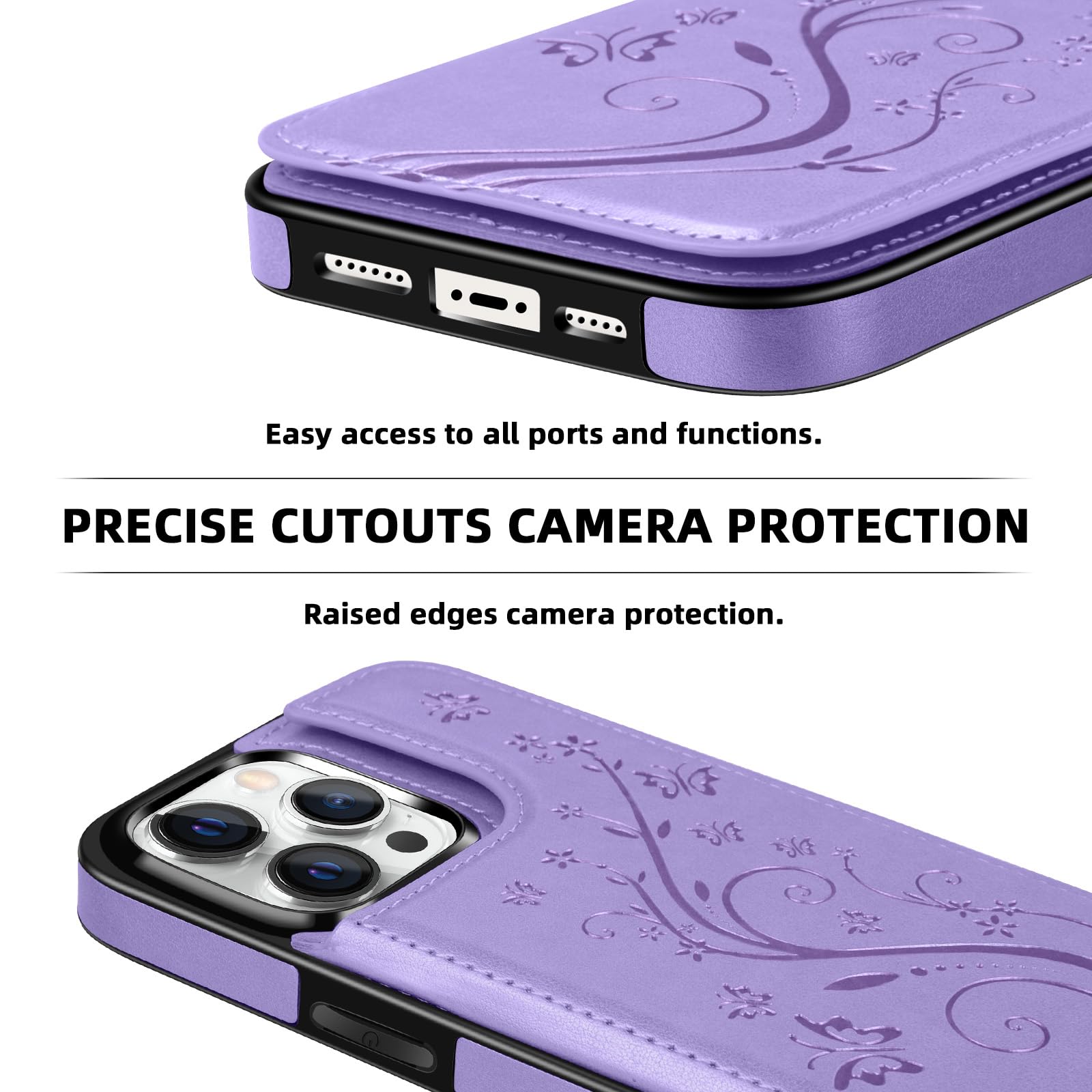 iMangoo for iPhone 15 Pro Max Case Wallet Credit Card Holder Slot,iPhone 15 Pro Max Case Women Cute Flower Pattern PU Leather Magnet Clasp Flip Cash Sleeve Phone Cover for iPhone 15 Pro Max Purple