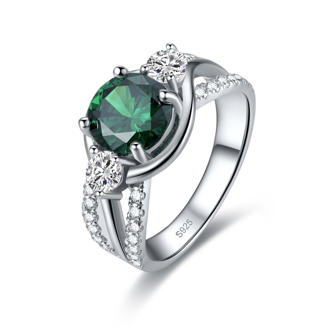 Merthus 8x8mm Round Simulated Emerald 925 Sterling Silver Criss Cross Band 3 Stone Engagement Ring for Women Size 6
