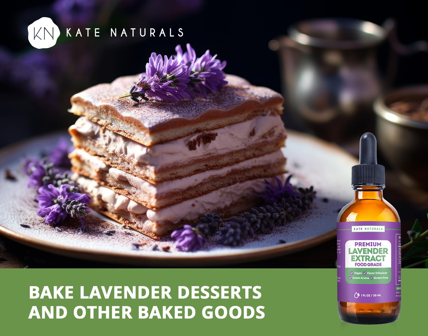 Kate Naturals Lavender Extract for Baking, Drinks, Coffee, Lattes. Food Grade Lavender Oil for Flavoring & Cooking (1oz, Sugar Free)