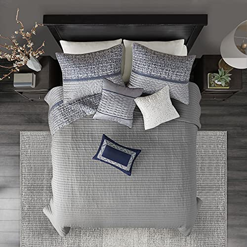 Madison Park King Quilt Set Lustrous Jacquard & Glitter Accent Coverlet Set for King Size Bed - All Season, Lightweight King Quilt Set, Shams, Decorative Pillow, King/Cal King Chevron Grey/Navy