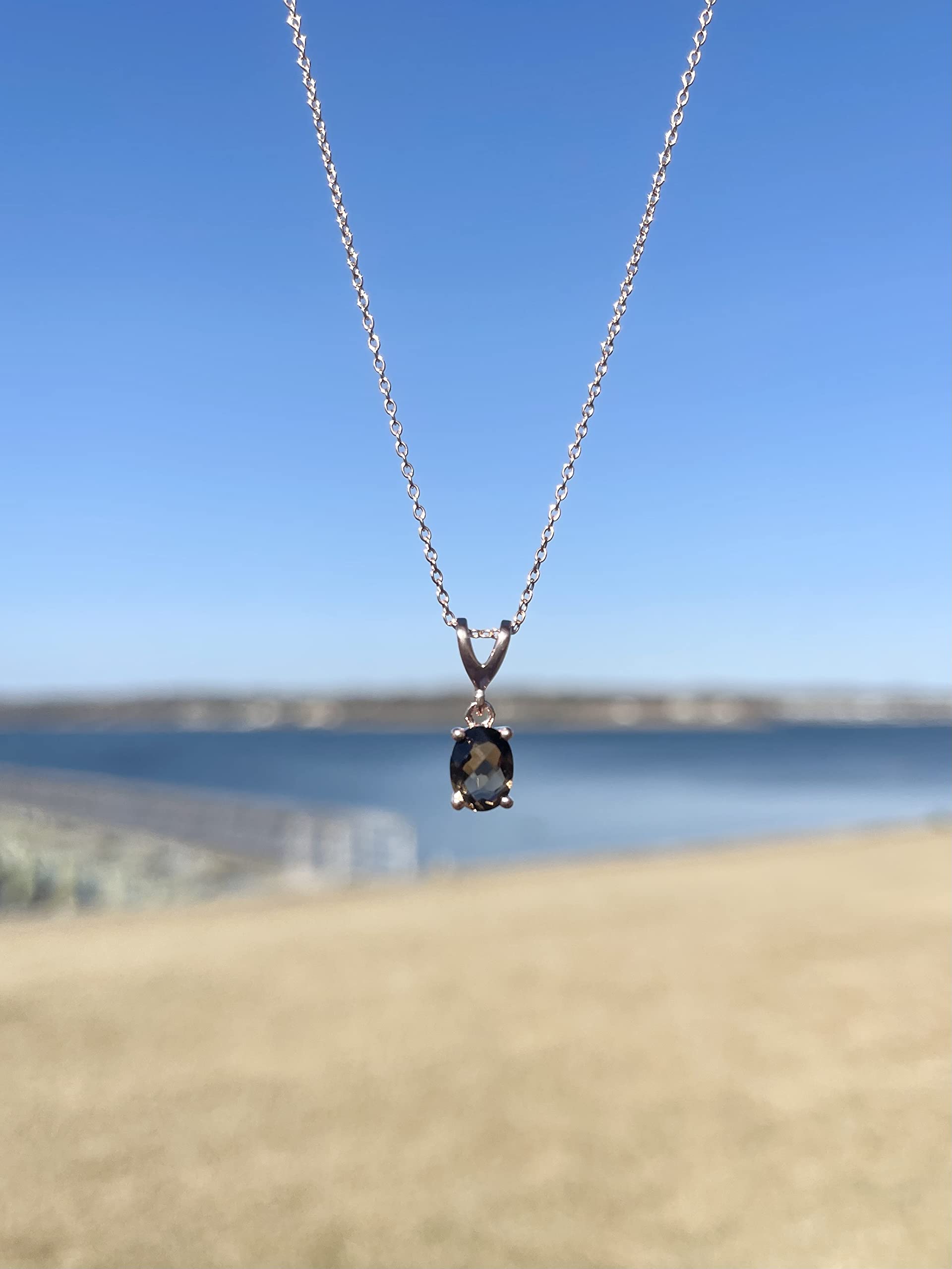 LE VIAN Checkerboard Cut Brown Smoky Quartz V Bail Drop Oval Pendant Necklace for Women in 14k Rose Gold Plated 925 Sterling Silver on 18 Inch Cable Chain with Spring Ring