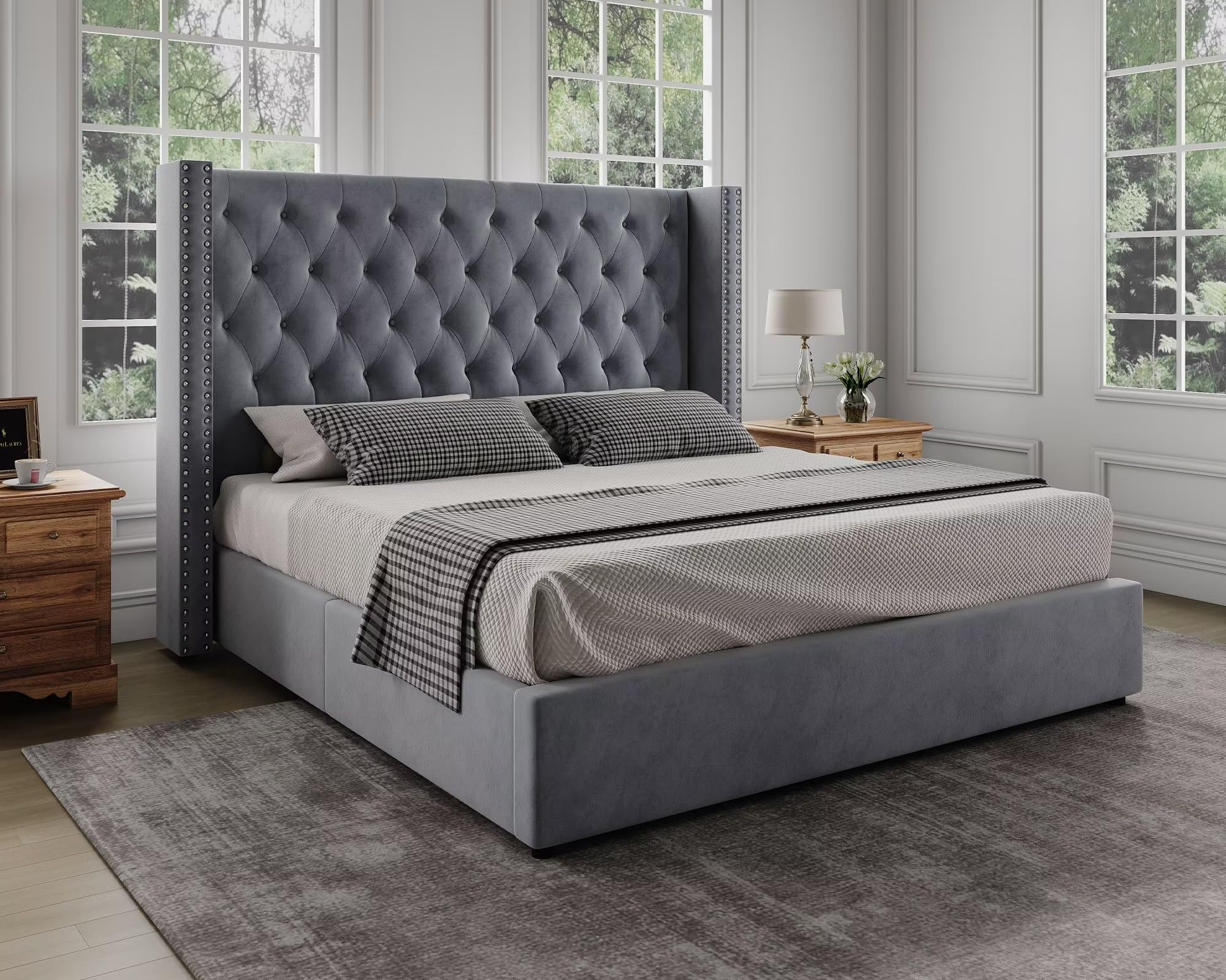 Jocisland King Size Lift Up Storage Bed, Upholstered Platform Bed Frame and Velvet Button Tufted Headboard with Wingback, Hydraulic Storage, No Box Spring Needed, Easy Assembly, Black