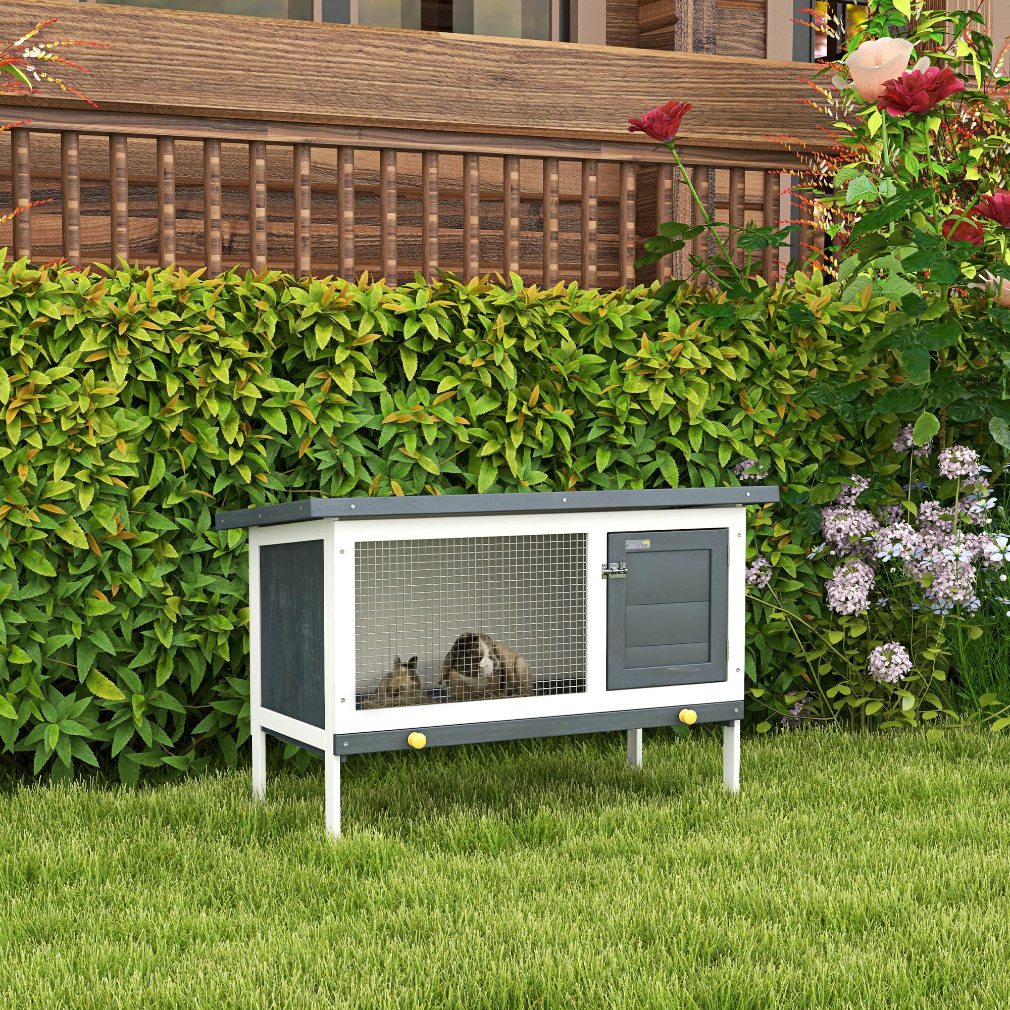 PawHut Wooden Rabbit Hutch, Bunny Cage, Guinea Pig House with Pull-Out Tray, and Openable Asphalt Roof for Indoor/Outdoor, Black