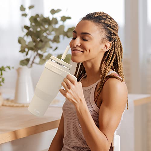 Zukro 50 oz Mug Tumbler with Handle and Screw on Lid, Vacuum Insulated Stainless Steel Tumbler with Straw Lid, Leakproof Straw Cup, Keeps Drinks Cold 30 Hours, Fit in Cup Holder - Beige