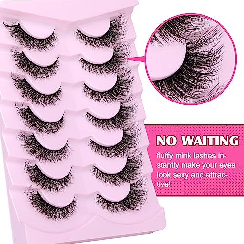 Lashes Natural Look Cat Eye False Eyelashes Mink Fluffy Fox Eye Lashes Wispy 15mm 6D Volume Strip Fake Eyelash Extension Look by PHKERATA, 7 Pairs Pack