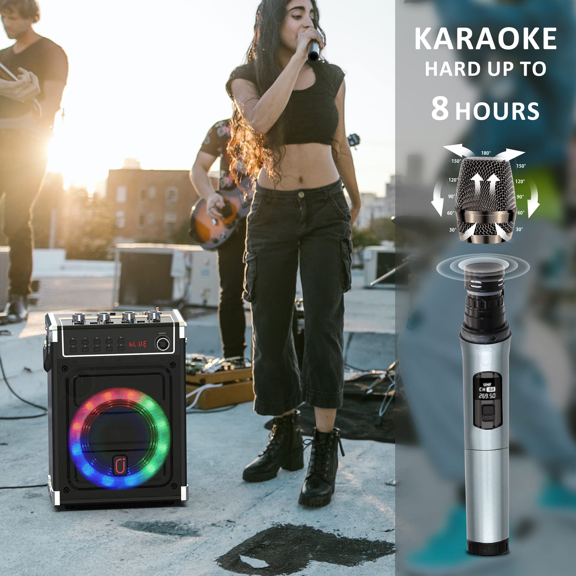 JYX Karaoke Machine with 2 UHF Wireless Microphones, Bass/Treble Bluetooth Speaker with LED Light, Support TWS, AUX in, FM, REC, Supply for Party/Adults/Kids - Orange