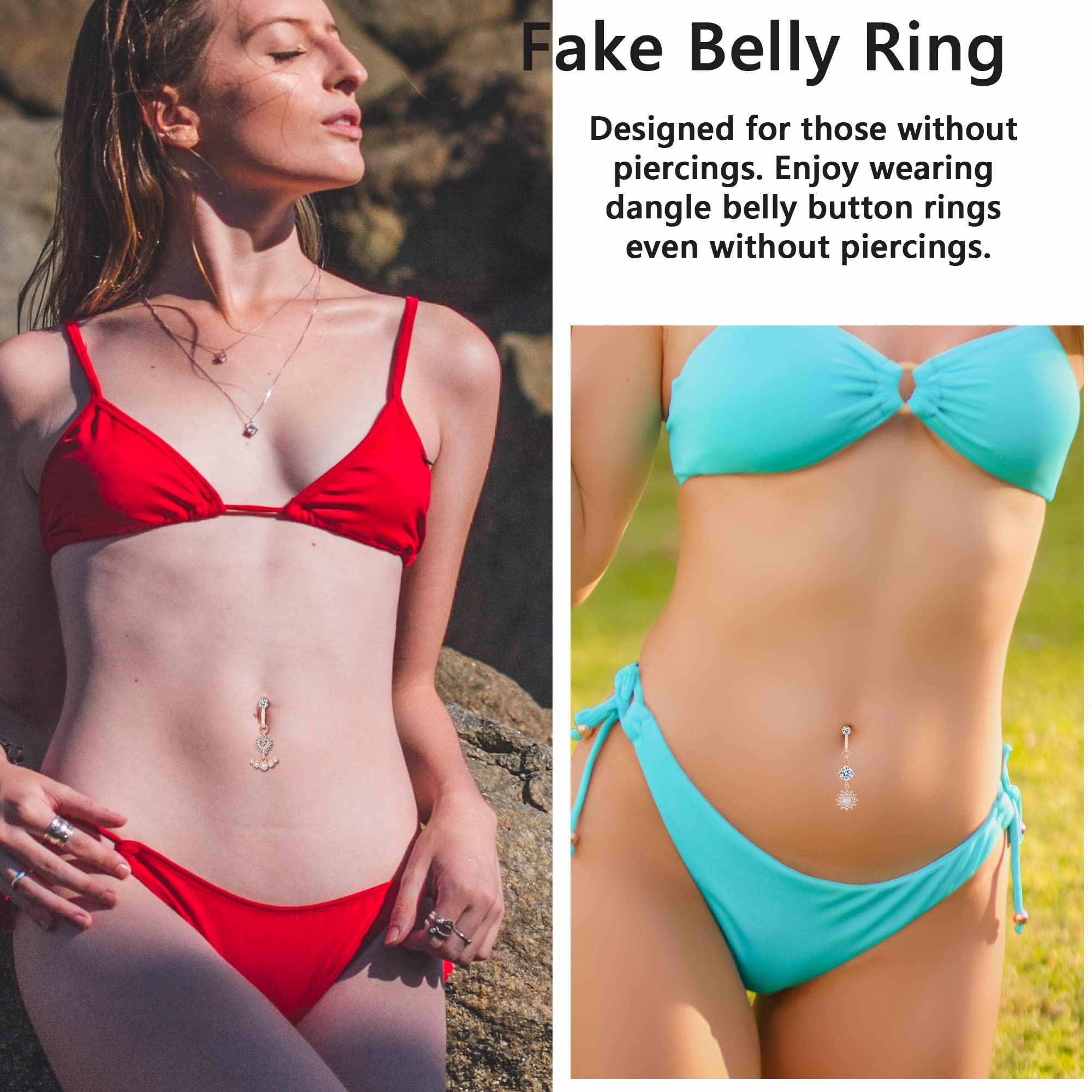 MJust Fake Belly Ring Dangle Belly Button Rings Dangling Navel Rings for Women CZ Non Piercing Jewelry (Rose Gold)