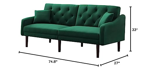 LoLado Futon Sofa Bed Convertible Sleeper Sofa Couch wit Armrests Modern Velvet Sofa Bed for Living Room Office Folding Recliner Futon Couch with Wood Legs (Green)