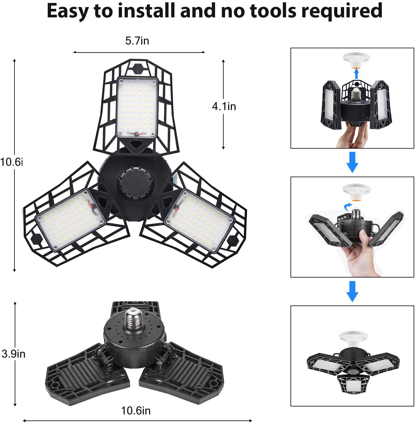 LBYEJEEMI LED Garage Light, 60W Deformable Garage Lighting, 6500LM Adjustable Multi-Position LED Garage Ceiling Lamps, for Garage, Workshop, Warehouse, Basement