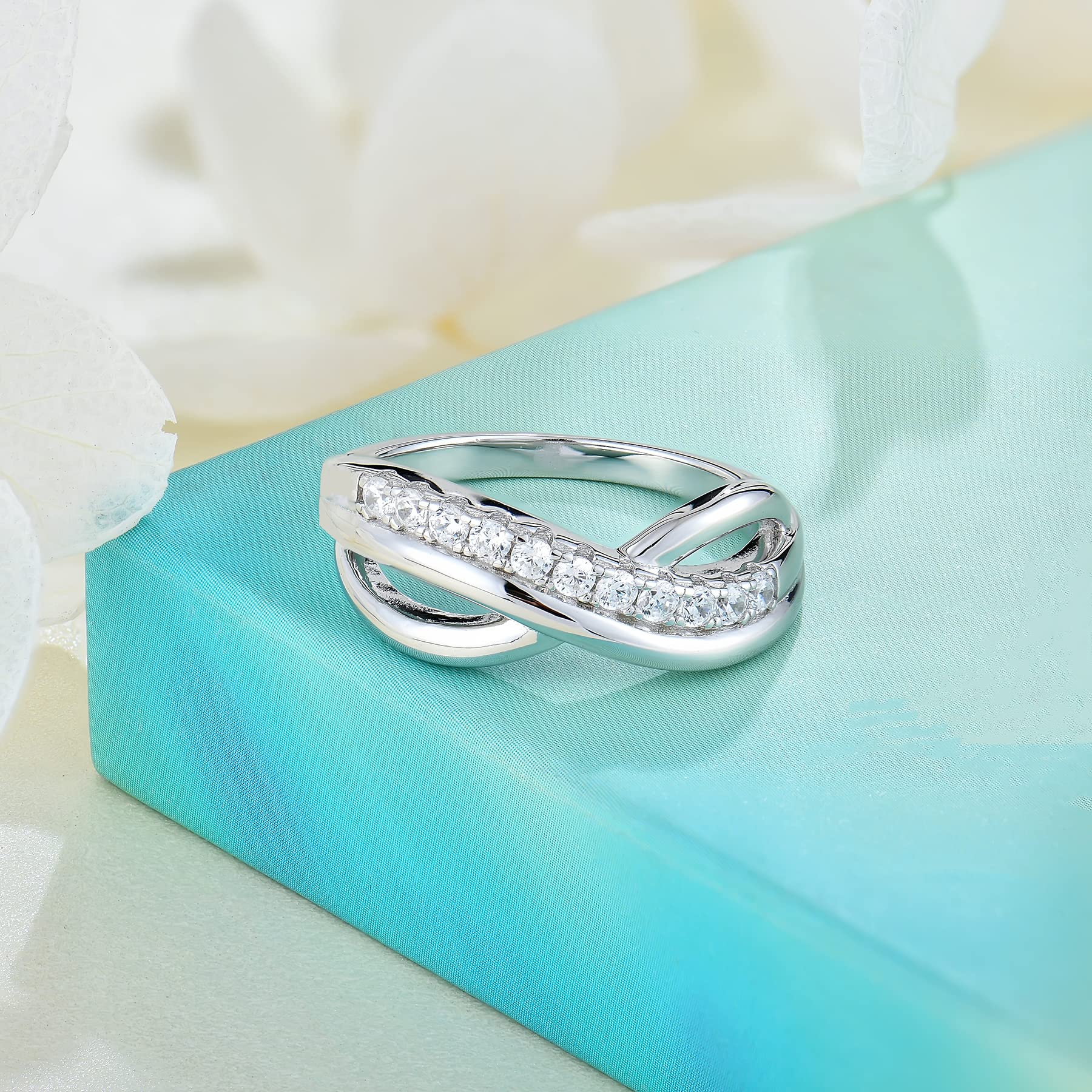 PAZEEN Infinity Twist Criss Cross Ring 925 Sterling Silver Cubic Zirconia Wedding Anniversary Statement Ring Promise Ring for Her size8
