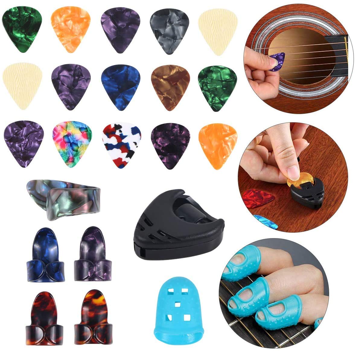 MIHOOE Guitar Accessories Kit with Guitar Tuner,Guitar Capo,3-in-1 Rering Tool,Pick Holder,Guitar Picks,Finger Protectors,Thumb Finger Picks, Guiter Bridge Pins,Guitar Nuts,Guitar Saddles
