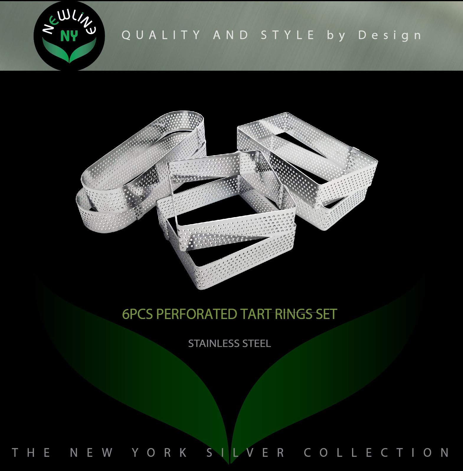 NewlineNY Stainless Steel 6 Pcs Perforated Oval Rectugular Square Tart Rings Molding Plating, Set of 6: 2 of each (13cm x 4cm 5" x 1.5") + (10cm x 5.5cm 4" x 1.5") + (7cm 2.8" square) x (2cm 0.8" H)