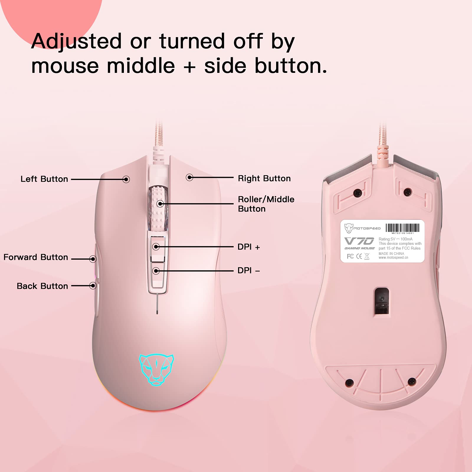 MOTOSPEED V70 USB Wired Gaming Mouse,DPI 6400 ZEUS6400 Optical Sensor,Chorma RGB Backlit,7 Programmable Buttons,Ergonomic PC Gaming Mouse for Laptop, PC, Mac(Pink)