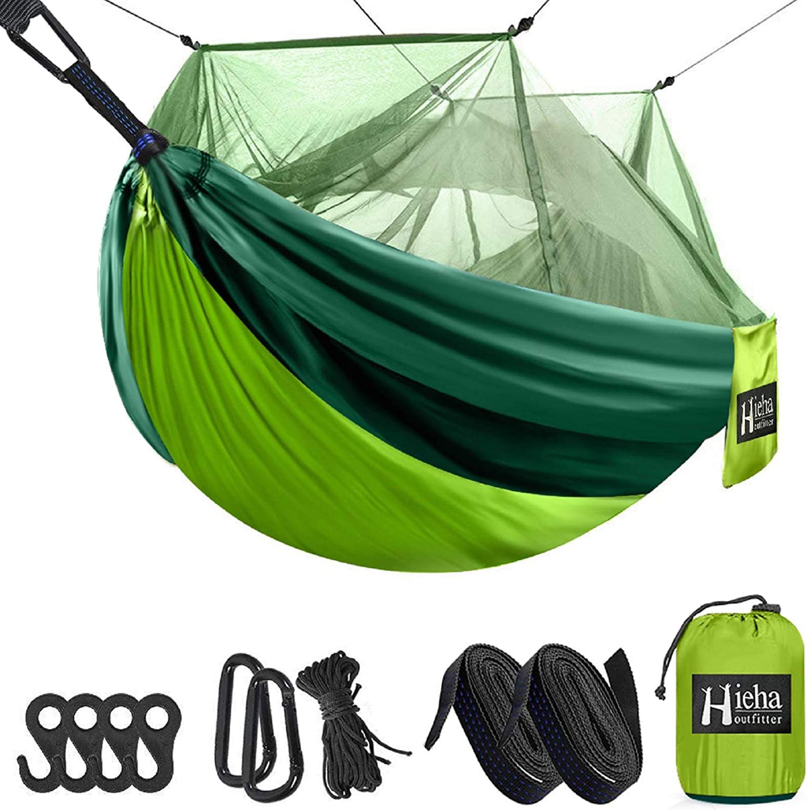 Hieha Camping Hammock with Mosquito Net, Portable Double/Single Travel Hammock w/Bug Insect Netting, Tree Straps & Carabiners for Outdoor Camping