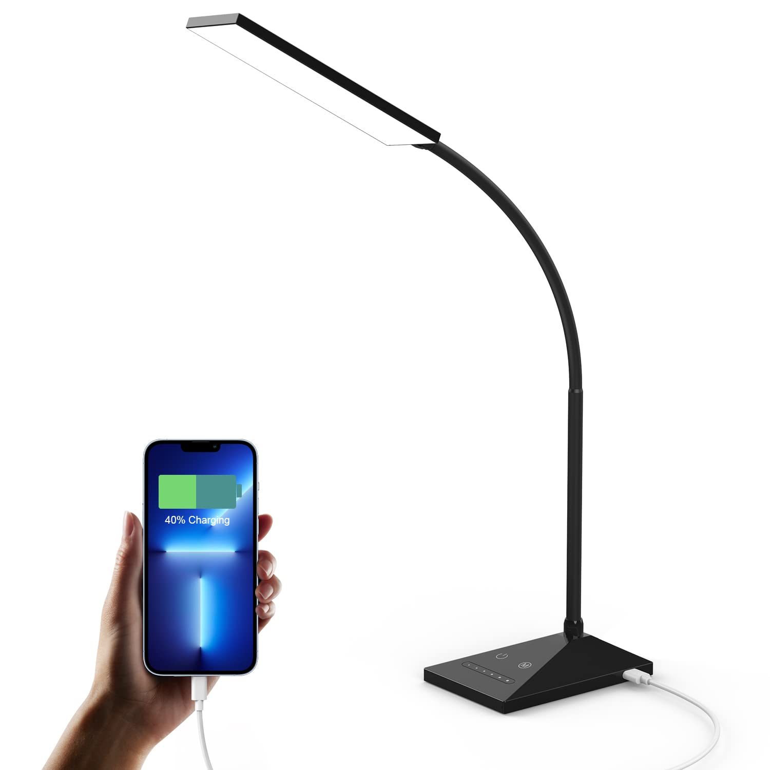 K&ZZ LED Desk Lamp, Dimmable Eye-Care Light for Office Study Lamp with USB Charging Port Touch Control Sensitive, 400LM 7-Level Dimmer & 5 Color Modes, Flexible Gooseneck Reading Light, Black