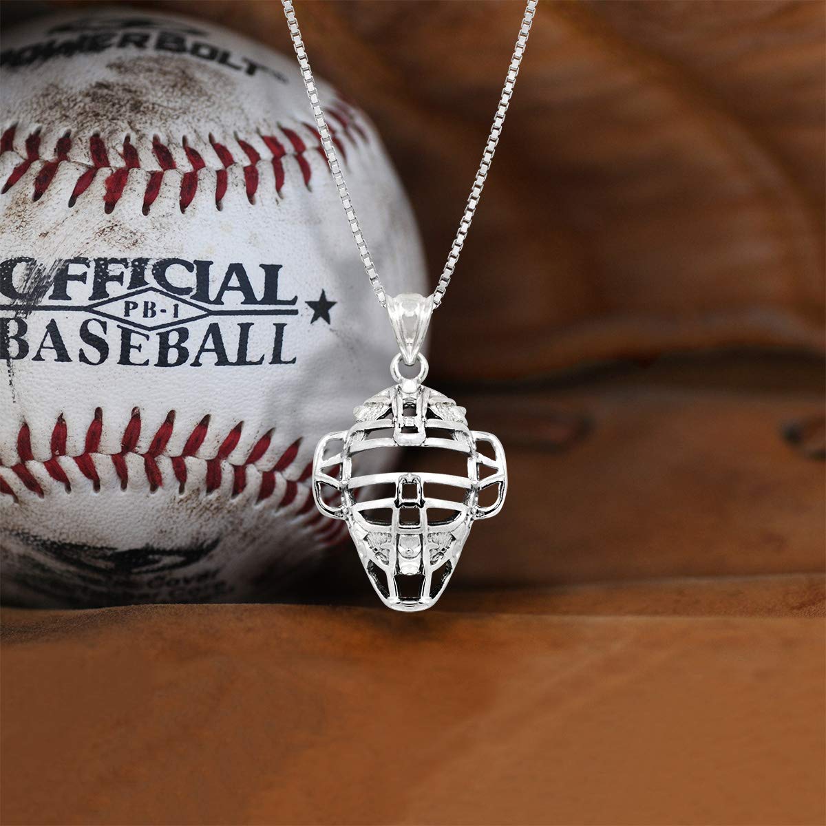 Honolulu Jewelry Company Sterling Silver Baseball Catcher Mask Sports Necklace Pendant with 18" Box Chain