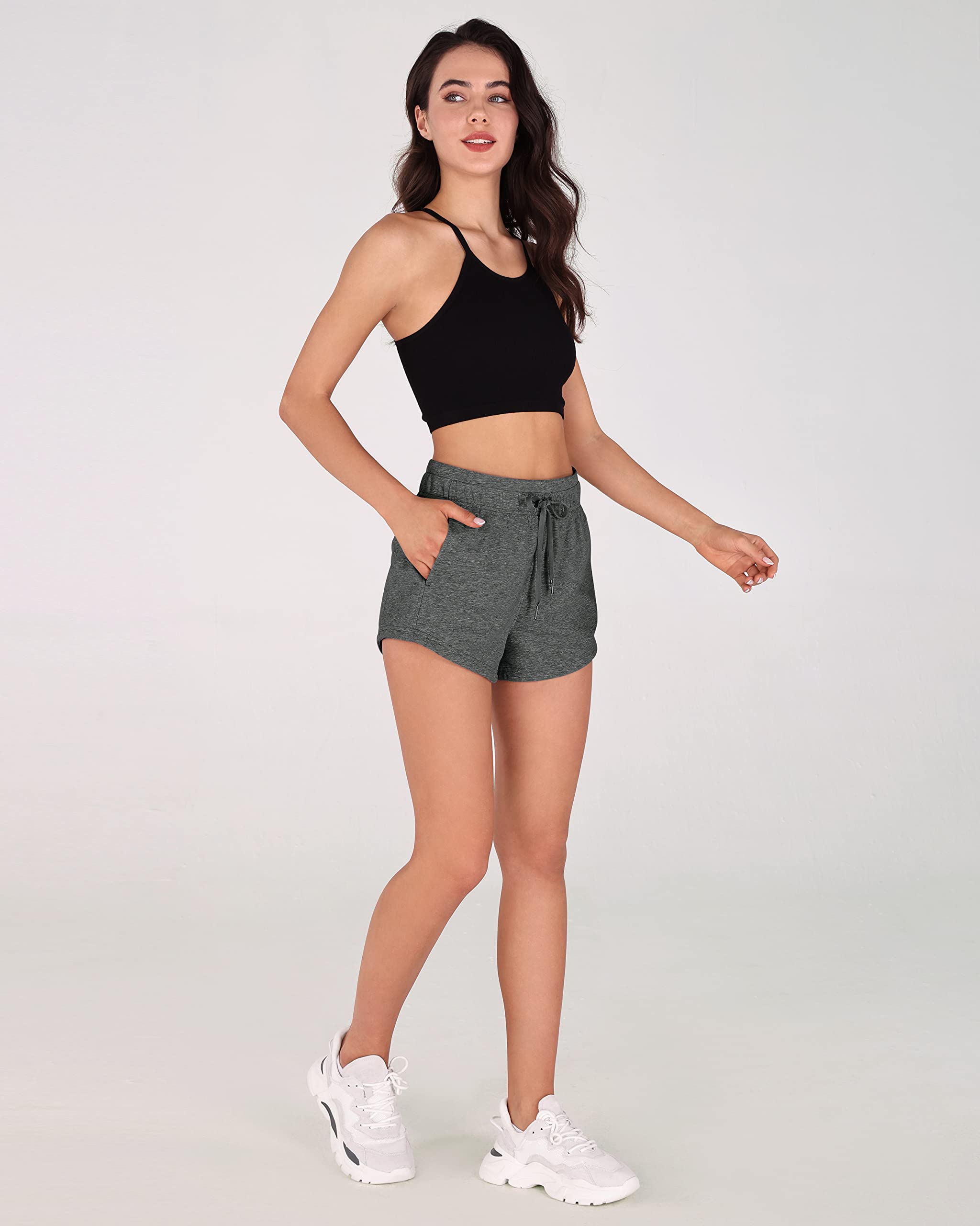 ODODOS Women's Sweat Shorts with Pockets Cotton French Terry Drawstring Summer Workout Casual Lounge Shorts, Charcoal Heather, Medium