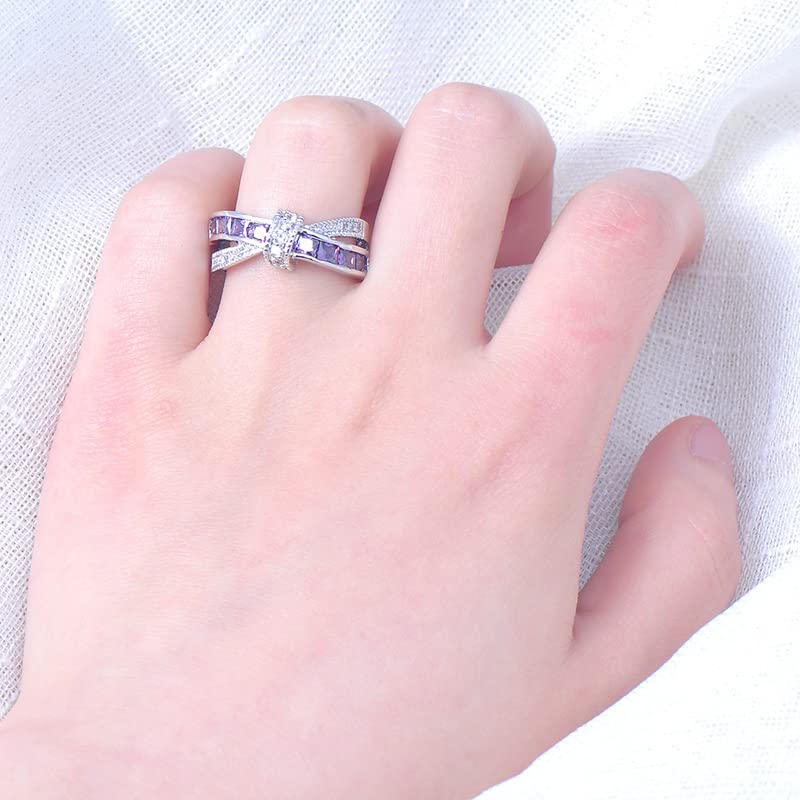 NP Silver Rings Personalized Engraved Cross-Finger Birthstone Ring Sterling Silver 925 Promise Ring for Her Wedding Band Ring Engagement Ring(Purple,7)