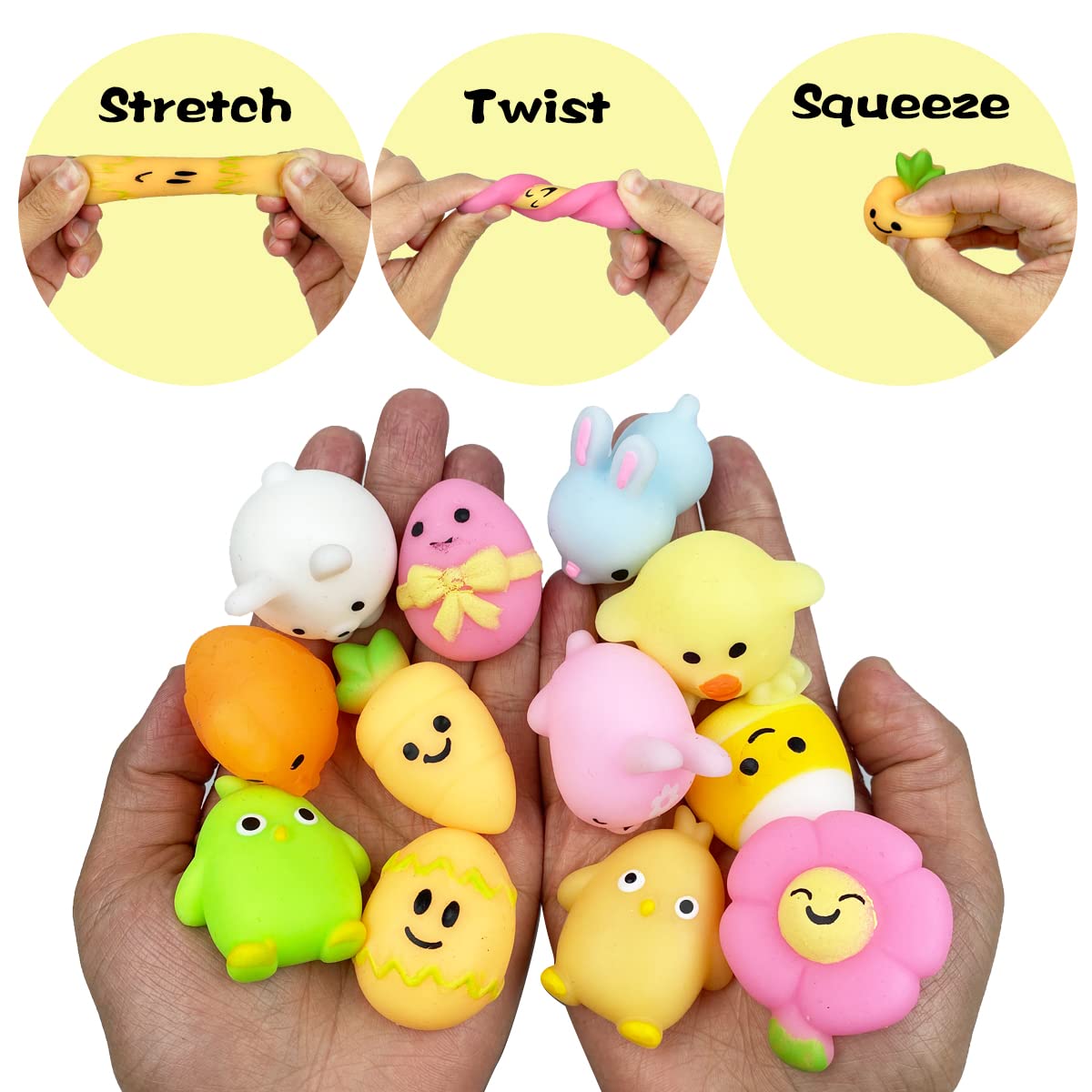 Pinkiwine 24 Pack Plastic Prefilled Easter Eggs with Easter Mochi Squishy Toys Inside for Kids Boys Girls Toddlers Easter Basket Stuffers Gifts Egg Fillers
