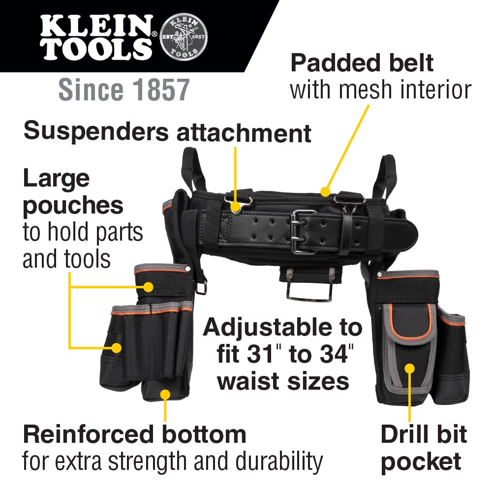 Klein Tools 55427 Tradesman Pro Electrician's Padded Tool Belt and Tool Pouch Combo for Long-wear Comfort and Durability Size Medium