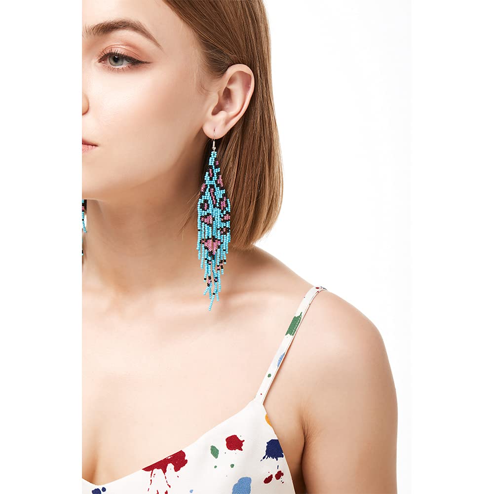 Long Beaded Leopard Print Earrings - Big Boho Statement Native Beaded Tassel Dangle Earrings for Women, Large Bohemian Handmade Seed Bead Fringe Earrings (Moon A)